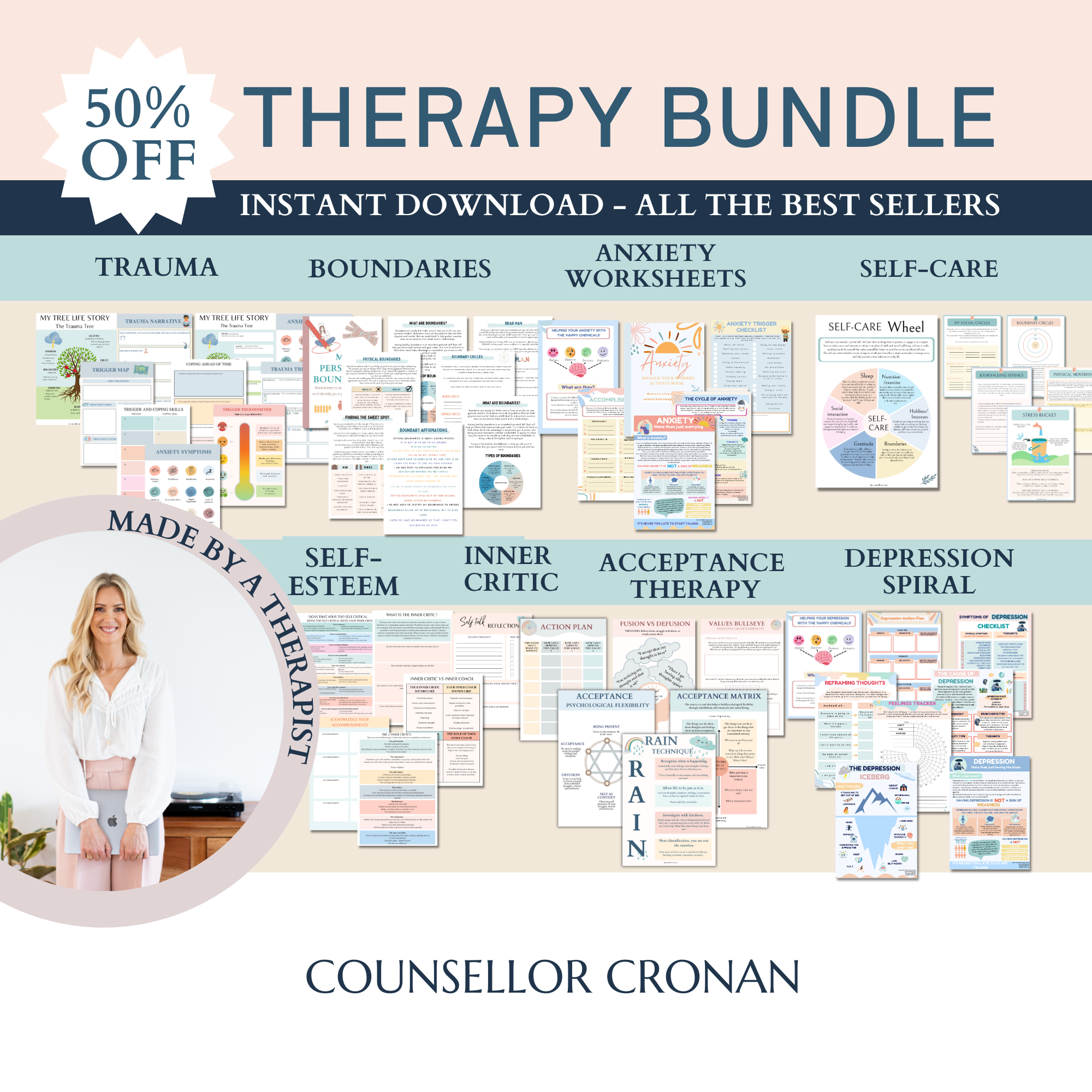 Therapy worksheet bundle, psychology resources – Counsellor Cronan