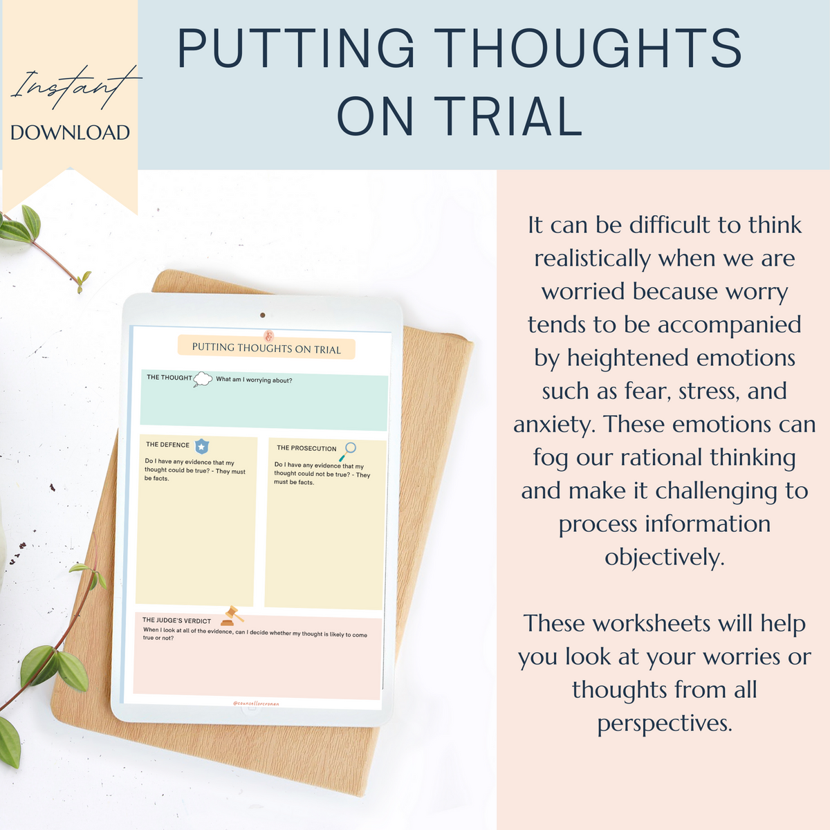 Putting Your Thoughts On Trial Worksheet - Thought Challenging Workshe ...