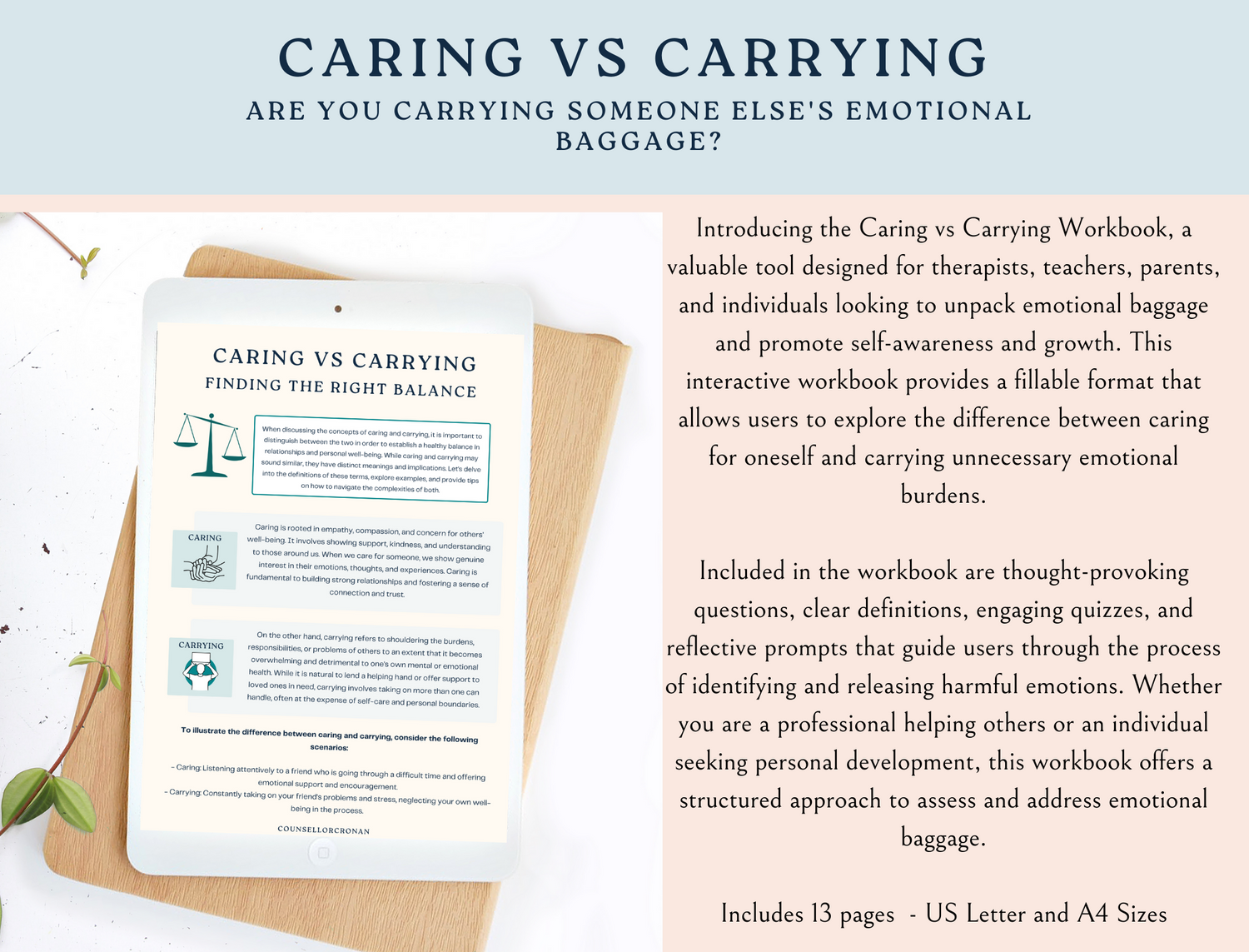 Caring vs Carrying Workbook. An emotional baggage therapeutic tool. Bo ...
