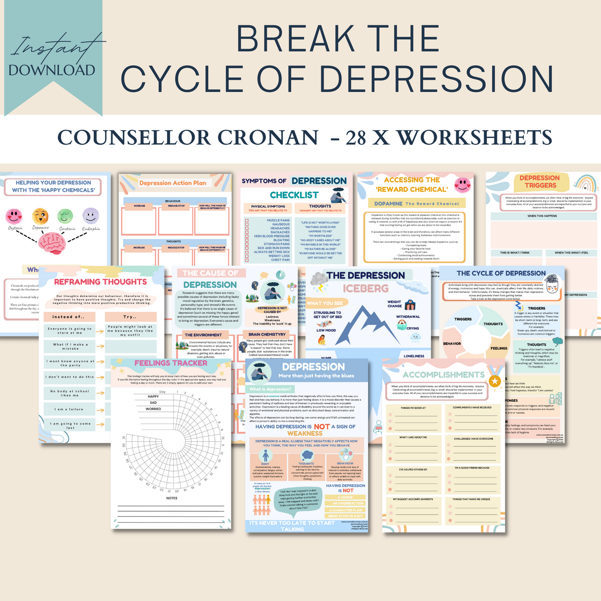 Therapy worksheet bundle, psychology resources – Counsellor Cronan